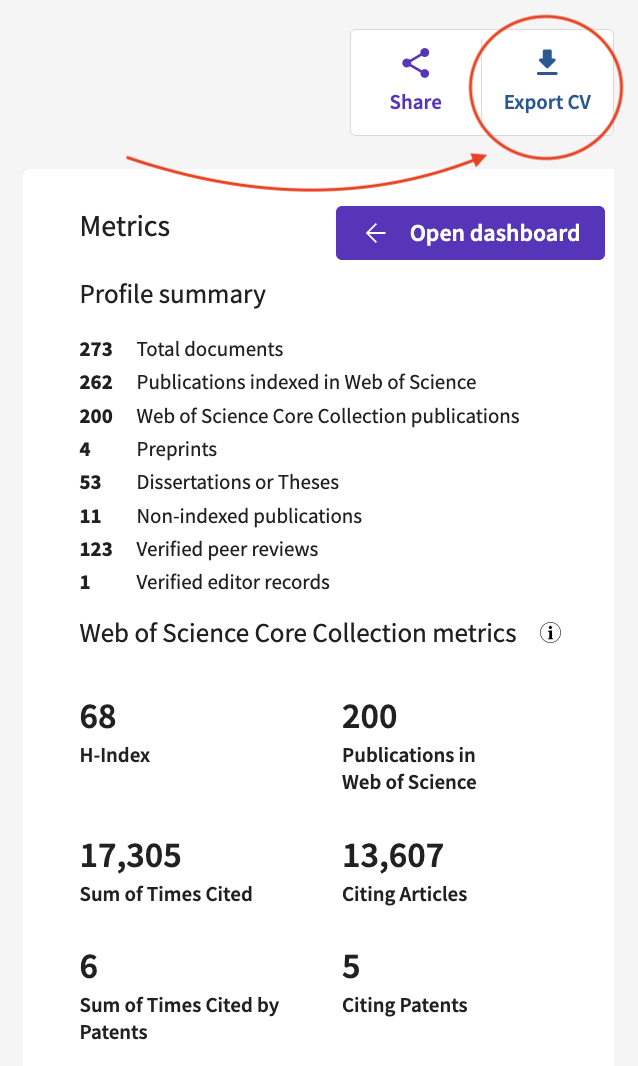 Exporting your Researcher Profile as a CV – Web of Science