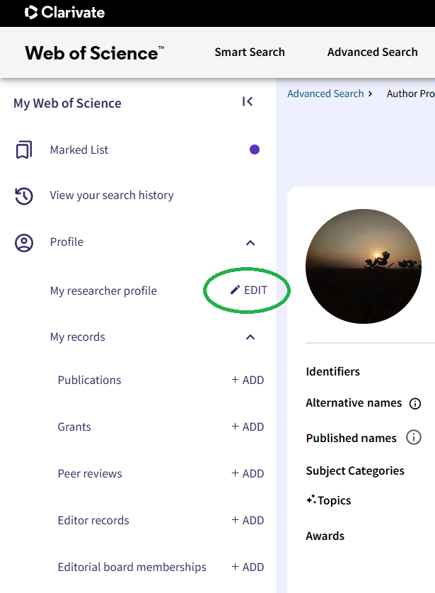 Web of Science Researcher Profile Settings – Web of Science