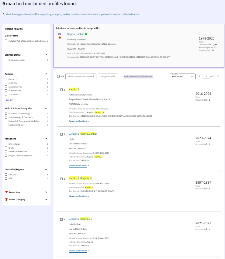 Correcting Researcher Profiles – Web of Science